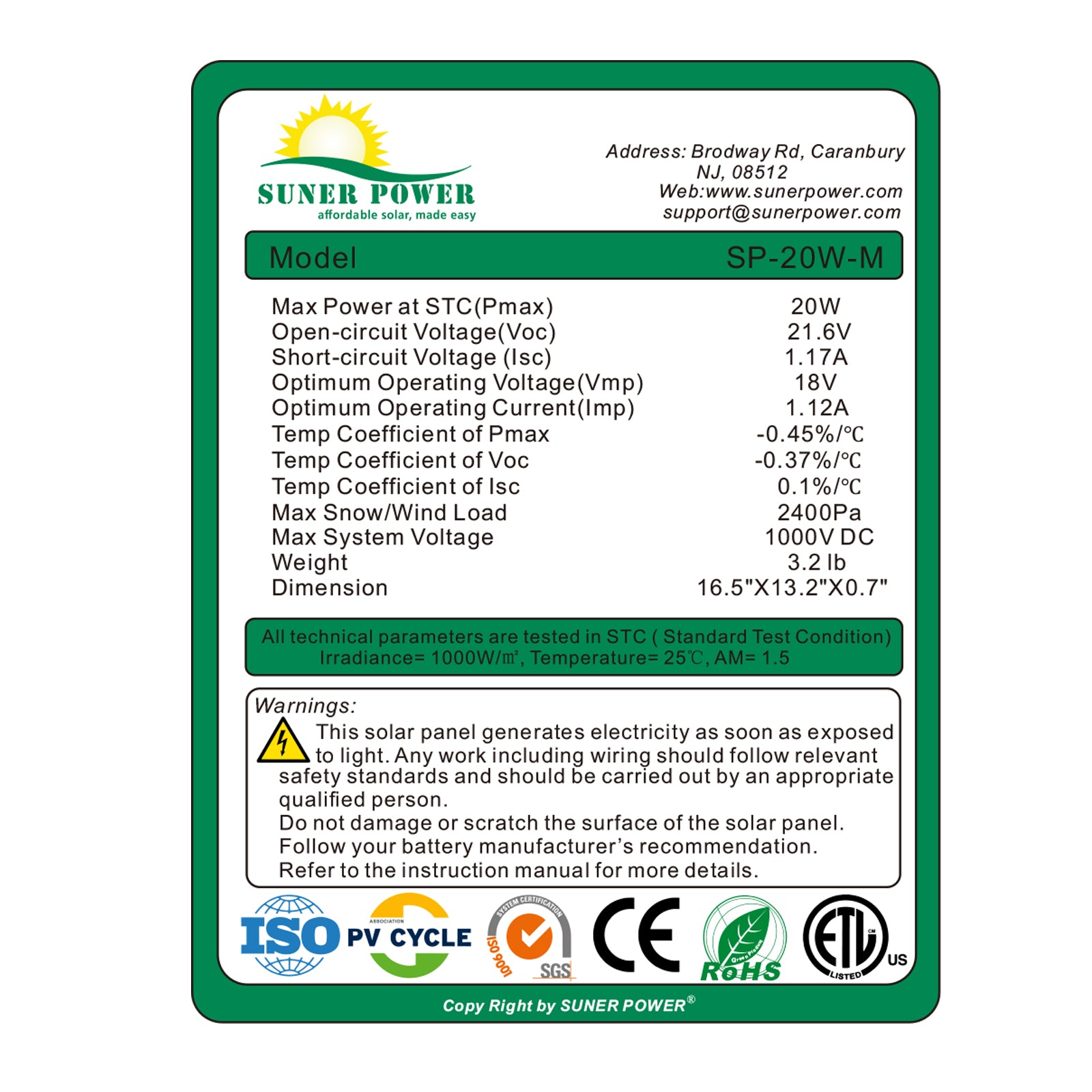 20W Mono Solar Panel Kit – SUNER POWER