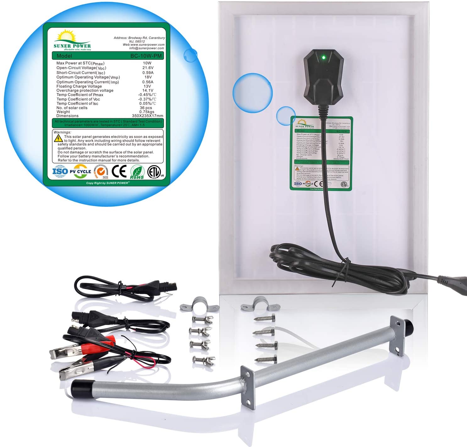 10 Watt Solar Panel Powered Charger Kit + + Tubular Mount Bracket for ...